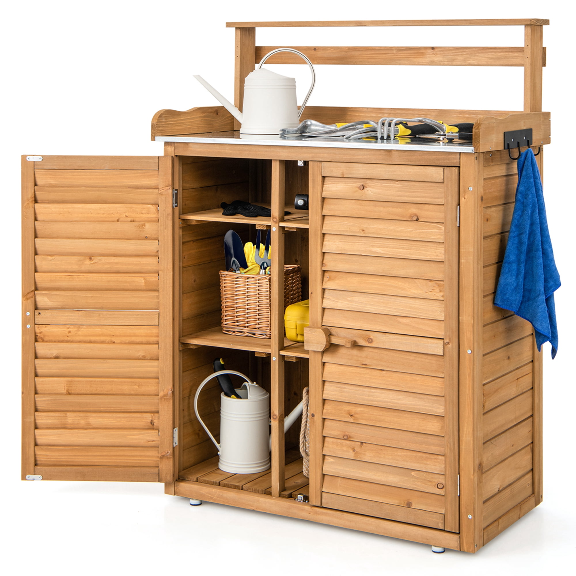 Costway Outdoor Potting Bench with Galvanized Metal Countertop 3 ...