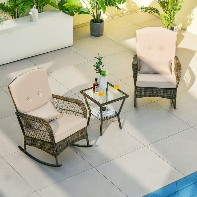 Costway 3PCS Patio Rocking Set - 2 Wicker Rocker Chairs & Tempered ...