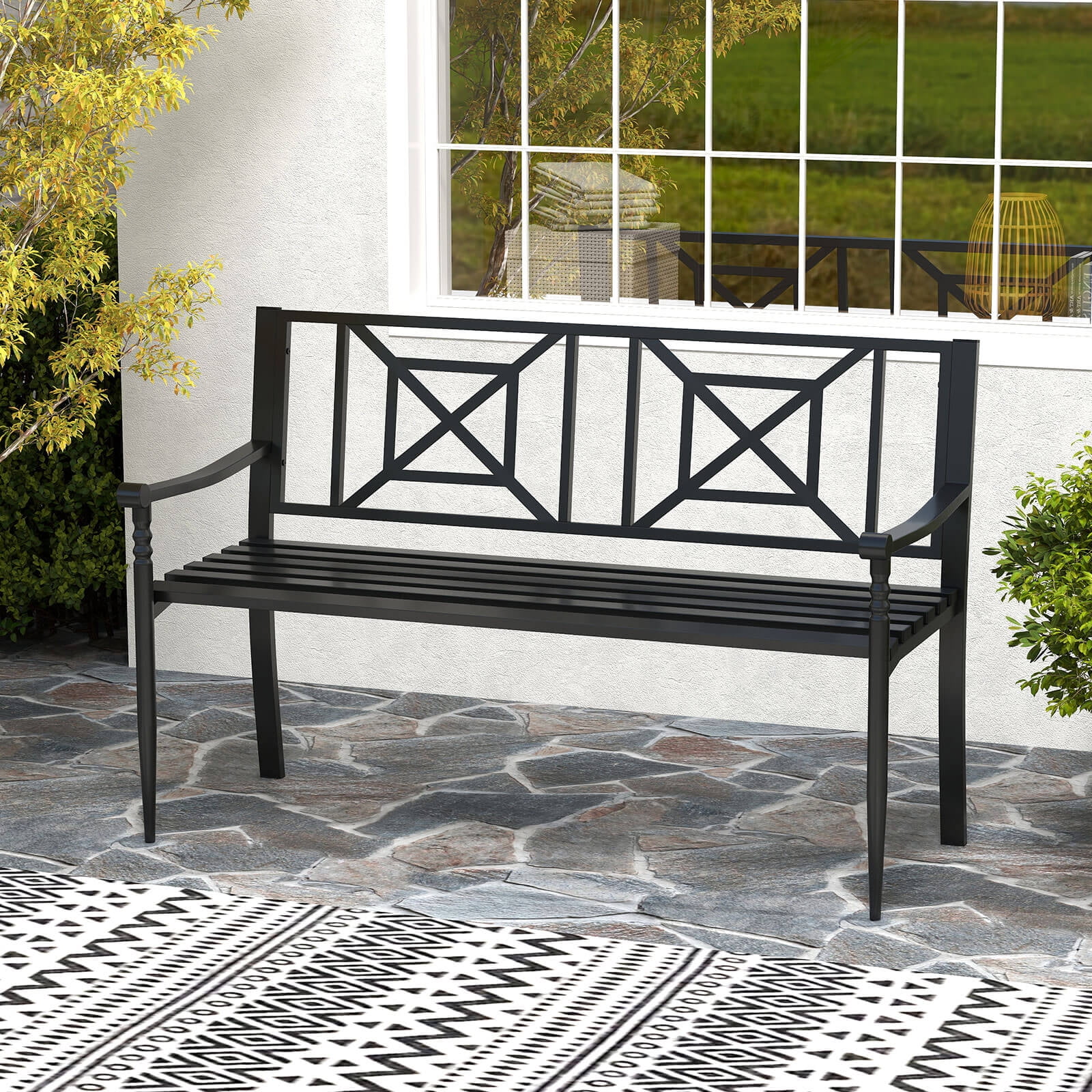 Costway Patio Garden Bench Steel Frame Park Yard Outdoor Furniture ...
