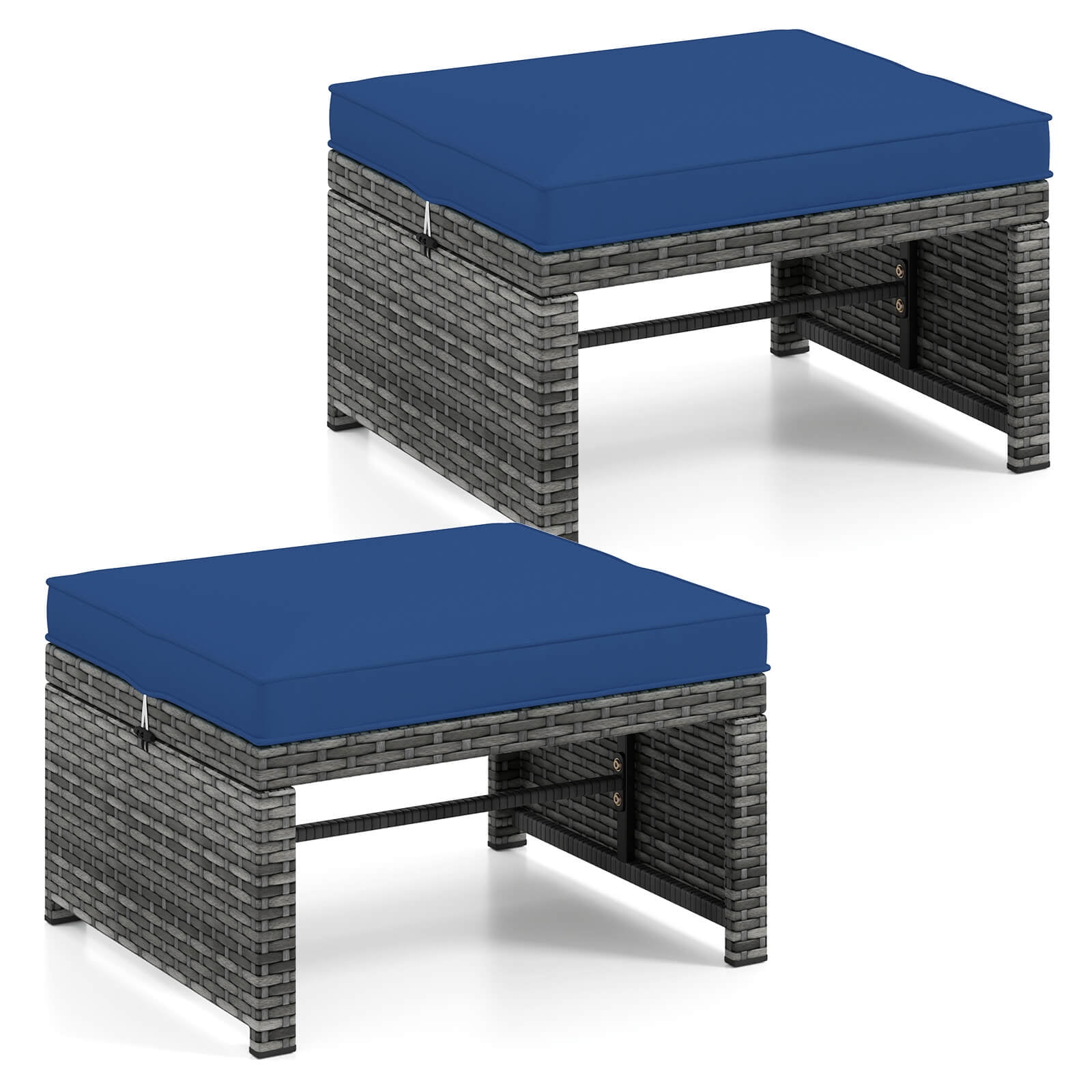 Costway Patio Ottomans Set, PE Rattan Footstools with Cushions, Outdoor ...