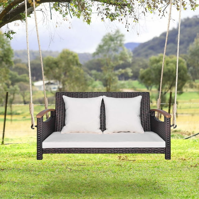 Costway 2-Person Patio Rattan Porch Swing Hanging Loveseat with Cushions for Backyard - Walmart.com