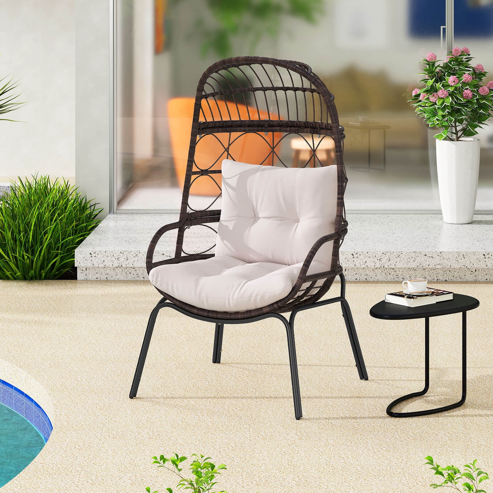 Costway Patio Wicker Rattan Egg Chair with Seat & Back Cushions Metal ...