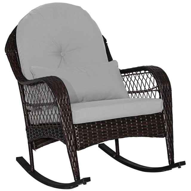 Costway Patio Wicker Rocking Chair with Seat Back Cushions & Lumbar ...