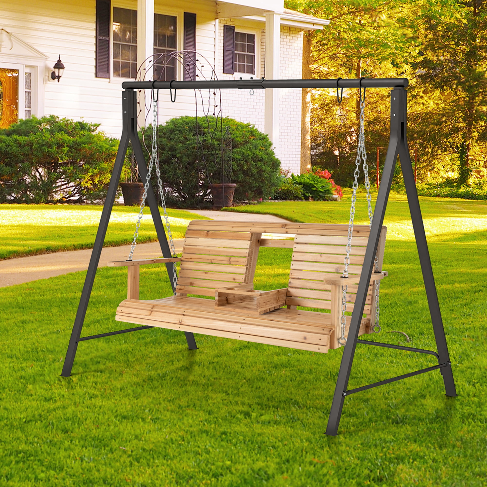 Costway Porch Swing Chair with Stand Cupholder & Adjustable Chains A ...