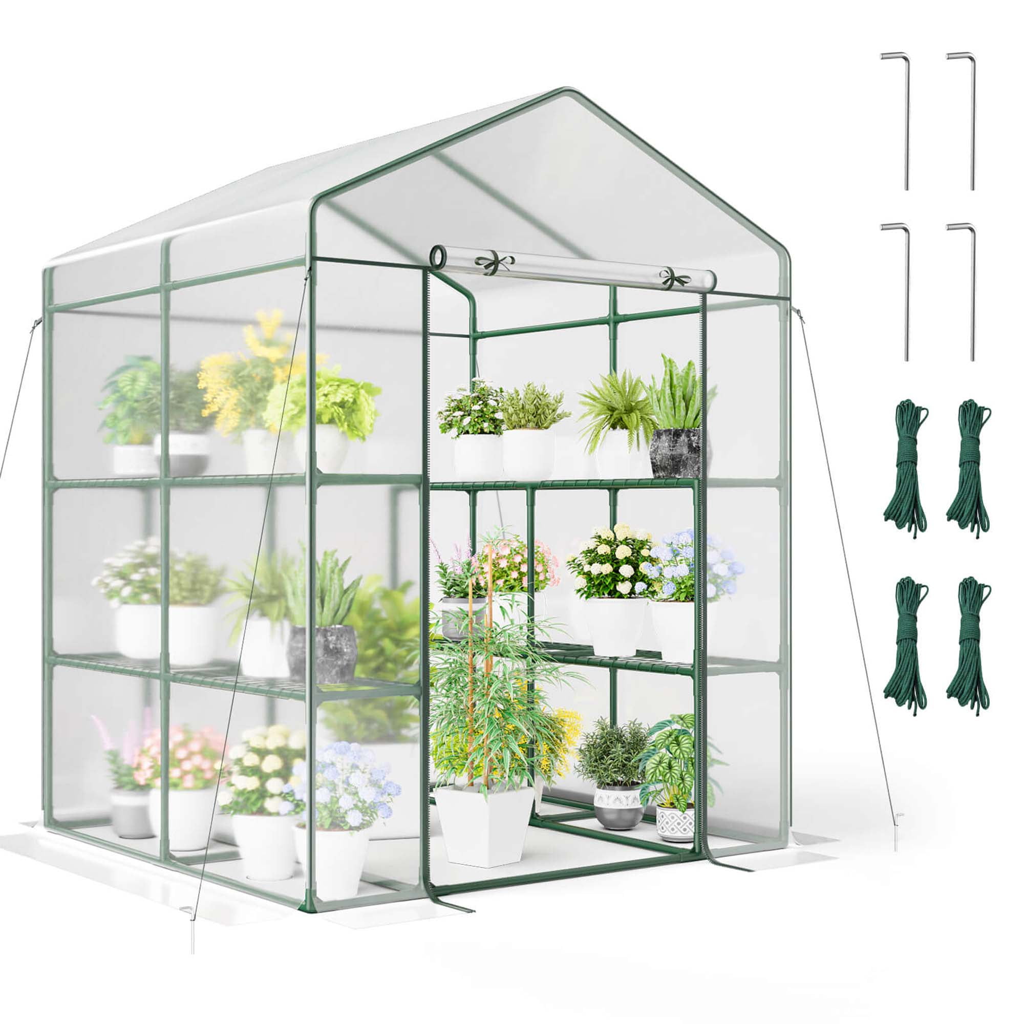 Costway Portable Mini Greenhouse with 3 Tiers 8 Shelves Roll-up Zippered Door for Plants ...