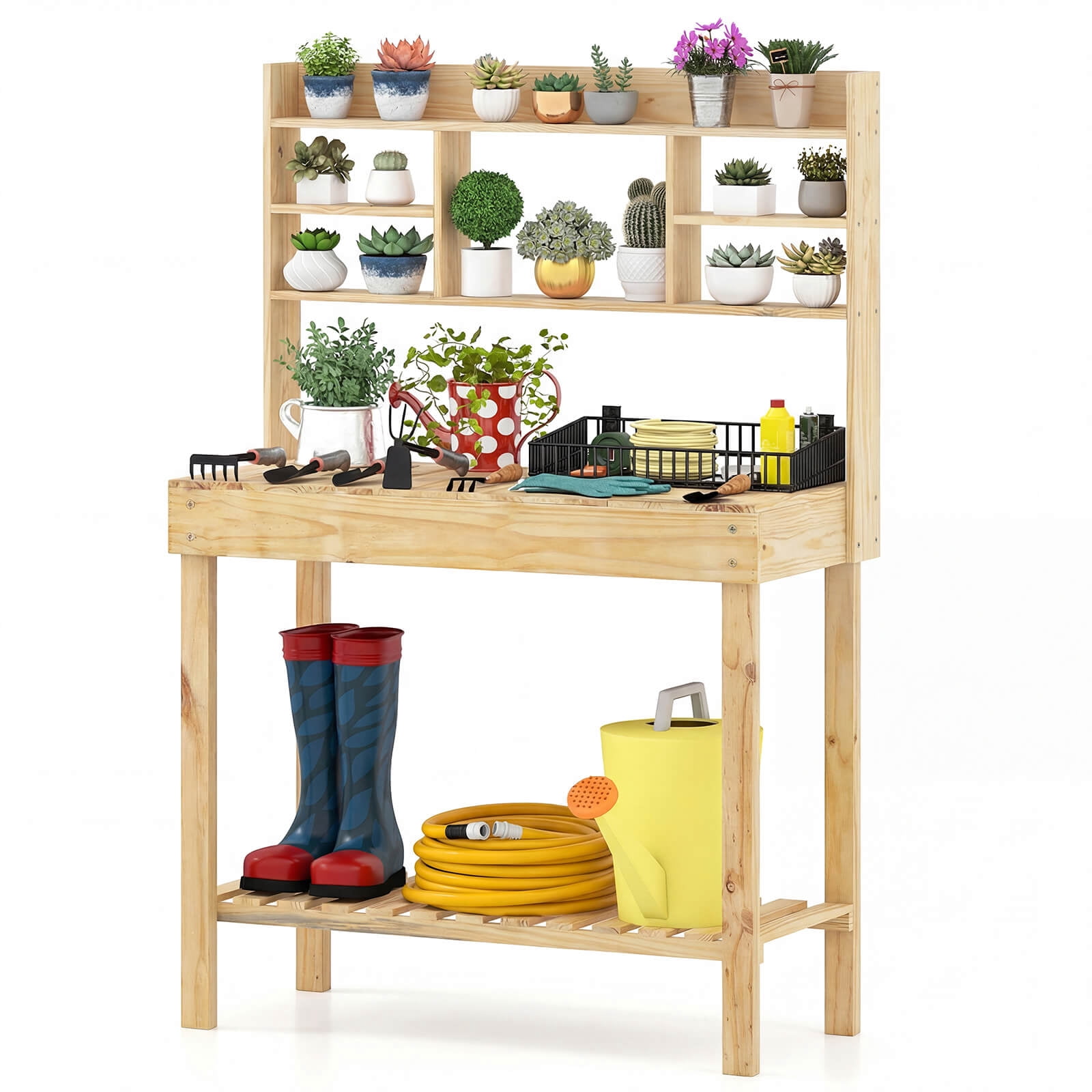 Costway Potting Bench Table with Flip-up Tabletop, Storage Shelves for ...