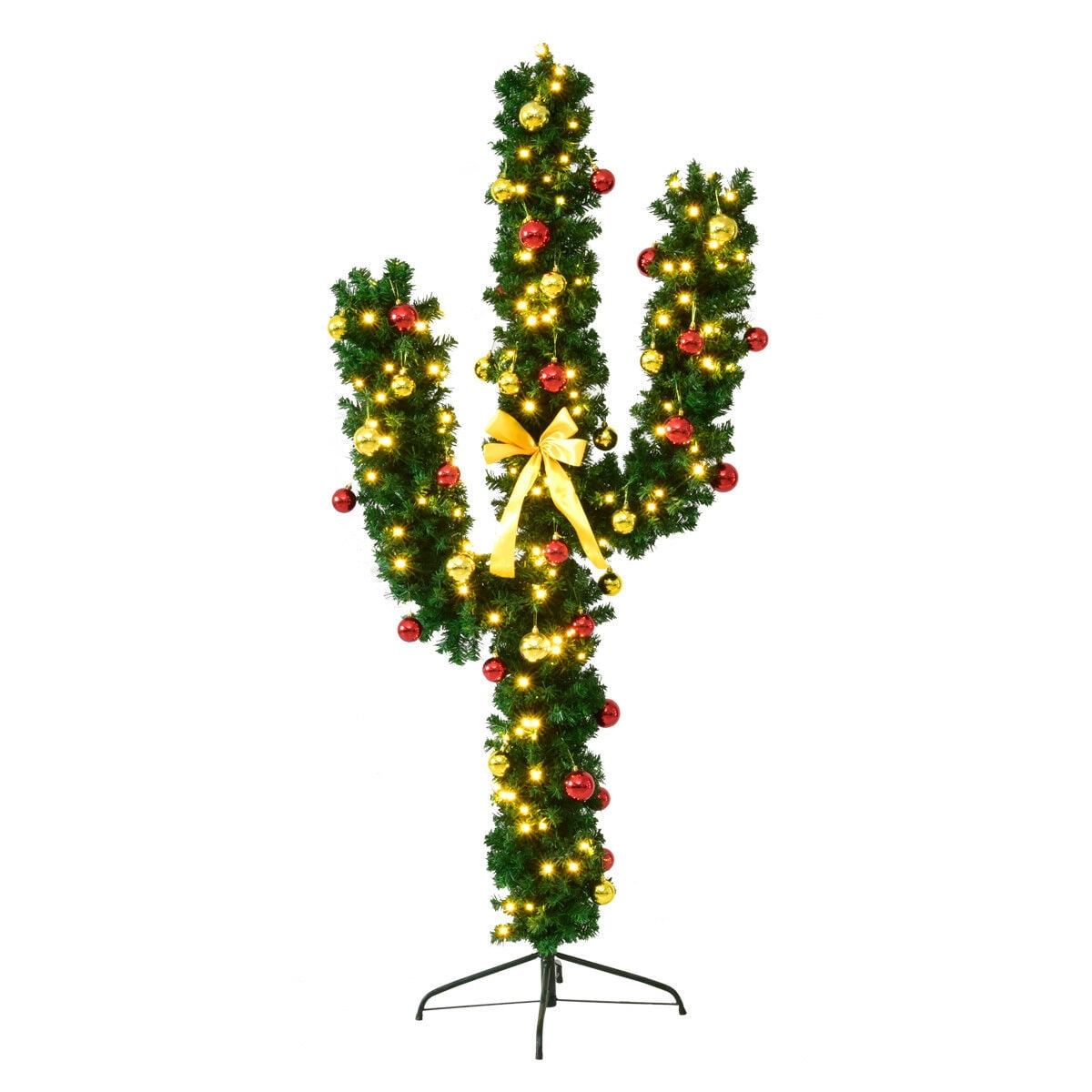 Costway 7ft Pre-Lit Artificial Cactus Xmas Tree with LED Lights and ...