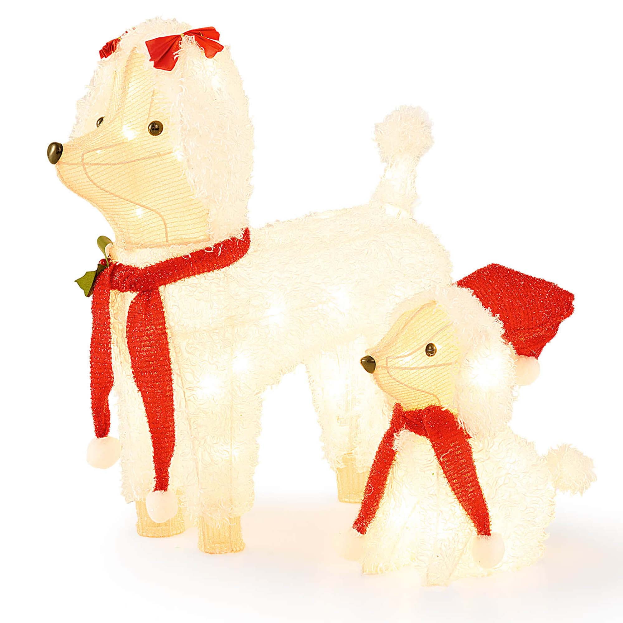Costway Pre-lit Mama & Baby Poodle Dogs 60 Warm White LED Lights Red ...