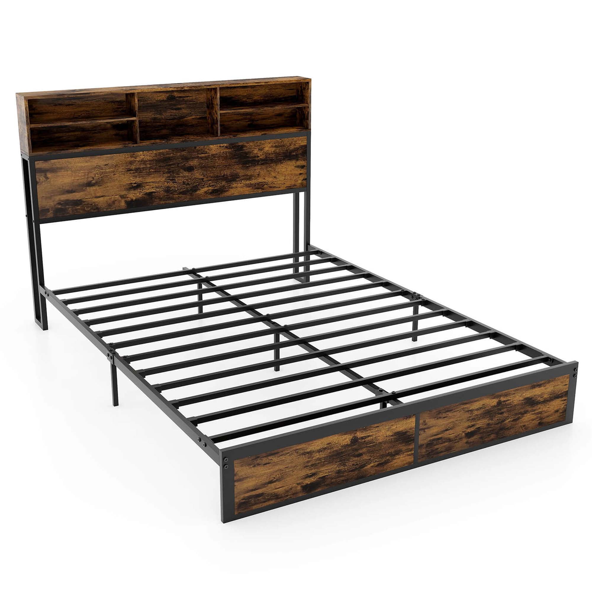 Costway Queen Bed Frame with Charging Station Storage Headboard Under ...