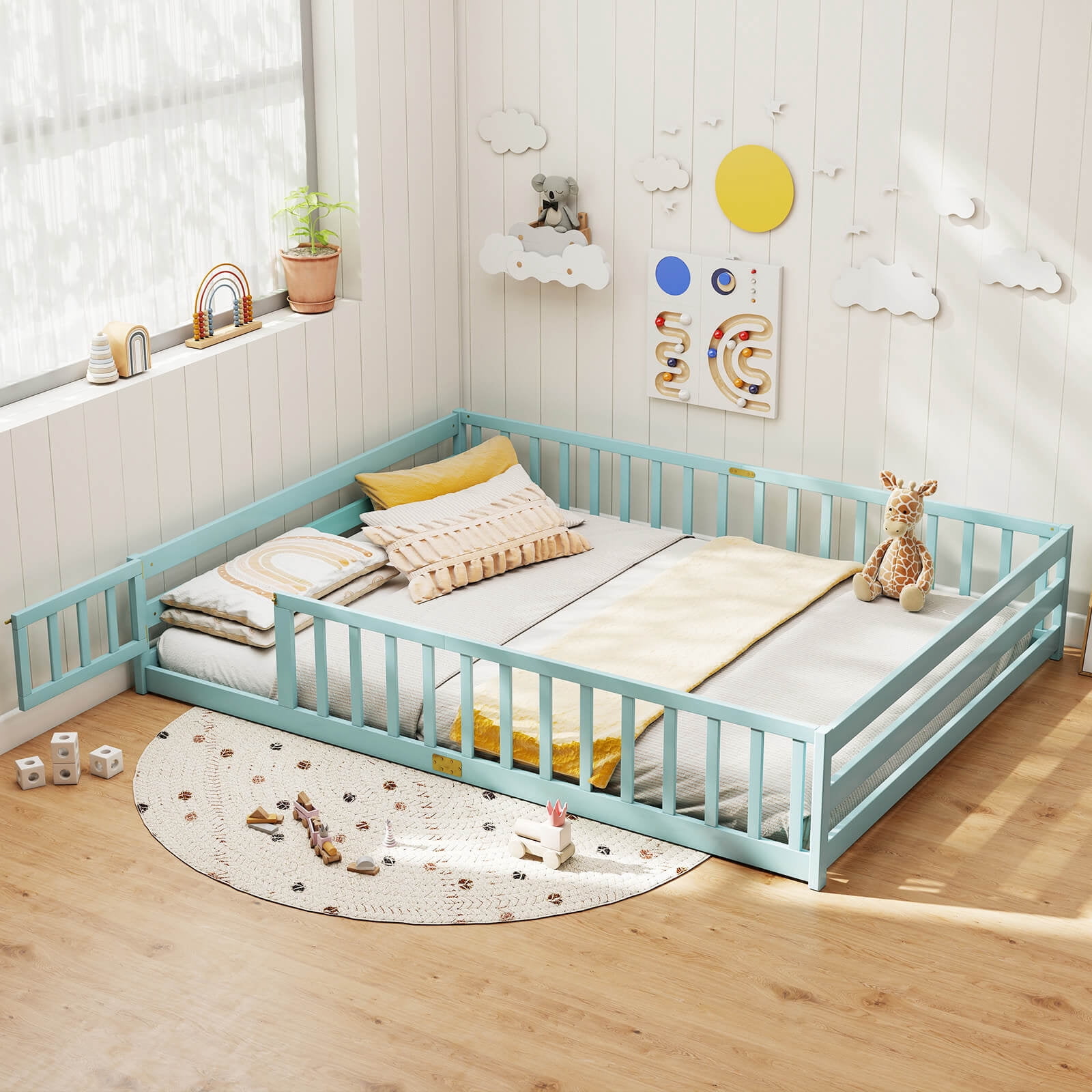 Costway Queen Size Floor Bed with Full Length Safety Guardrails & Door ...