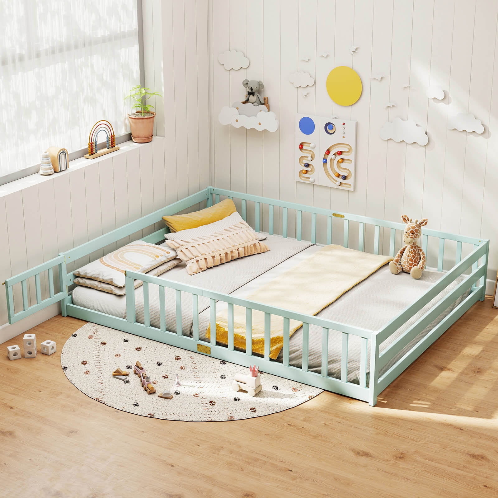 Costway Queen Size Floor Bed with Full Length Safety Guardrails & Door ...