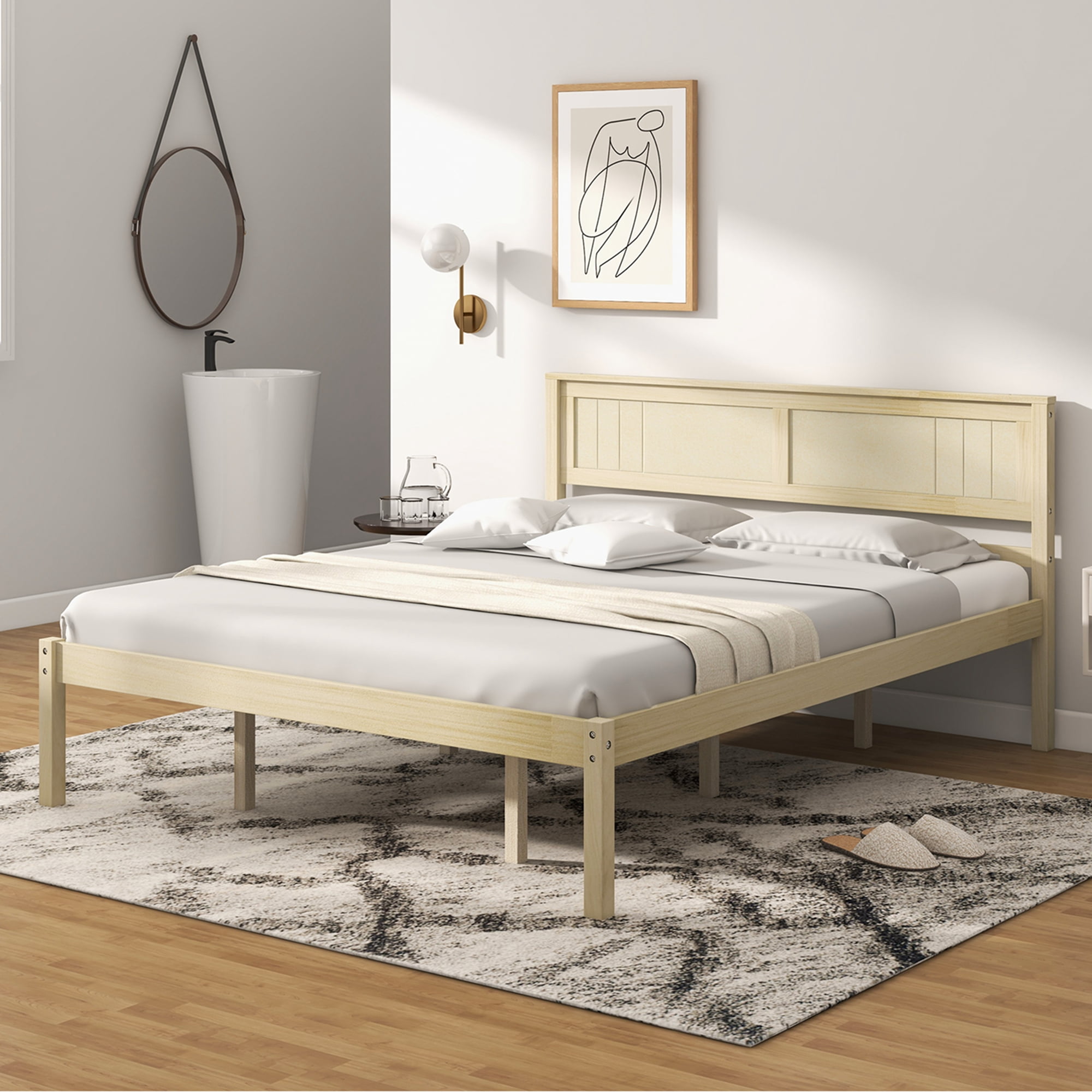 Costway Queen Size Wooden Platform Bed Frame with Headboard Mattress ...