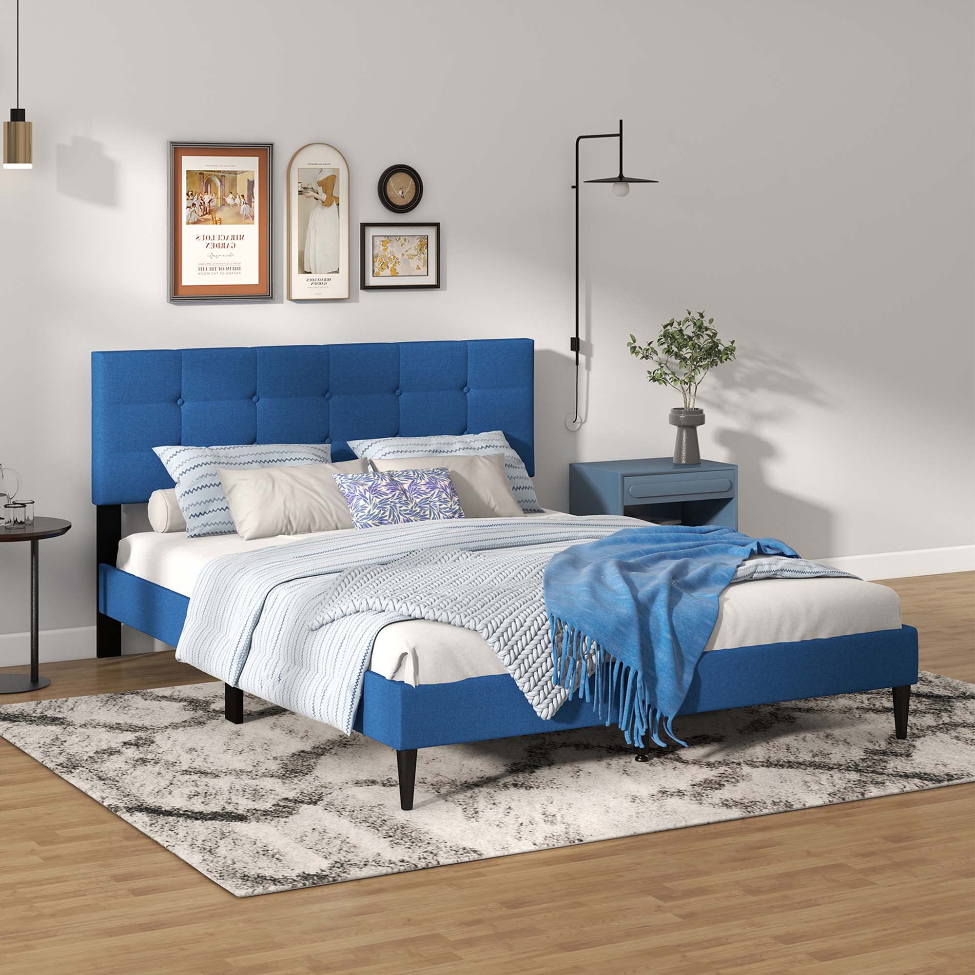 Costway Queen Upholstered Platform Bed Mattress Foundation Button ...