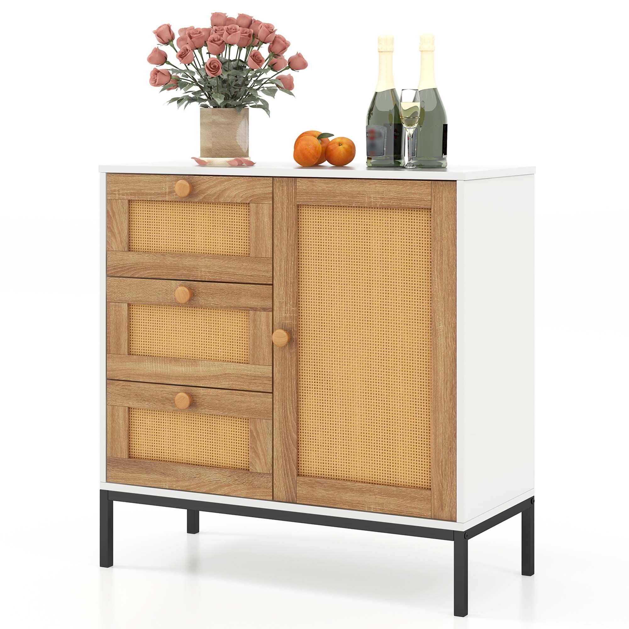 Costway Rattan Buffet Sideboard with 3 Drawers & 1 Door Sturdy Metal ...