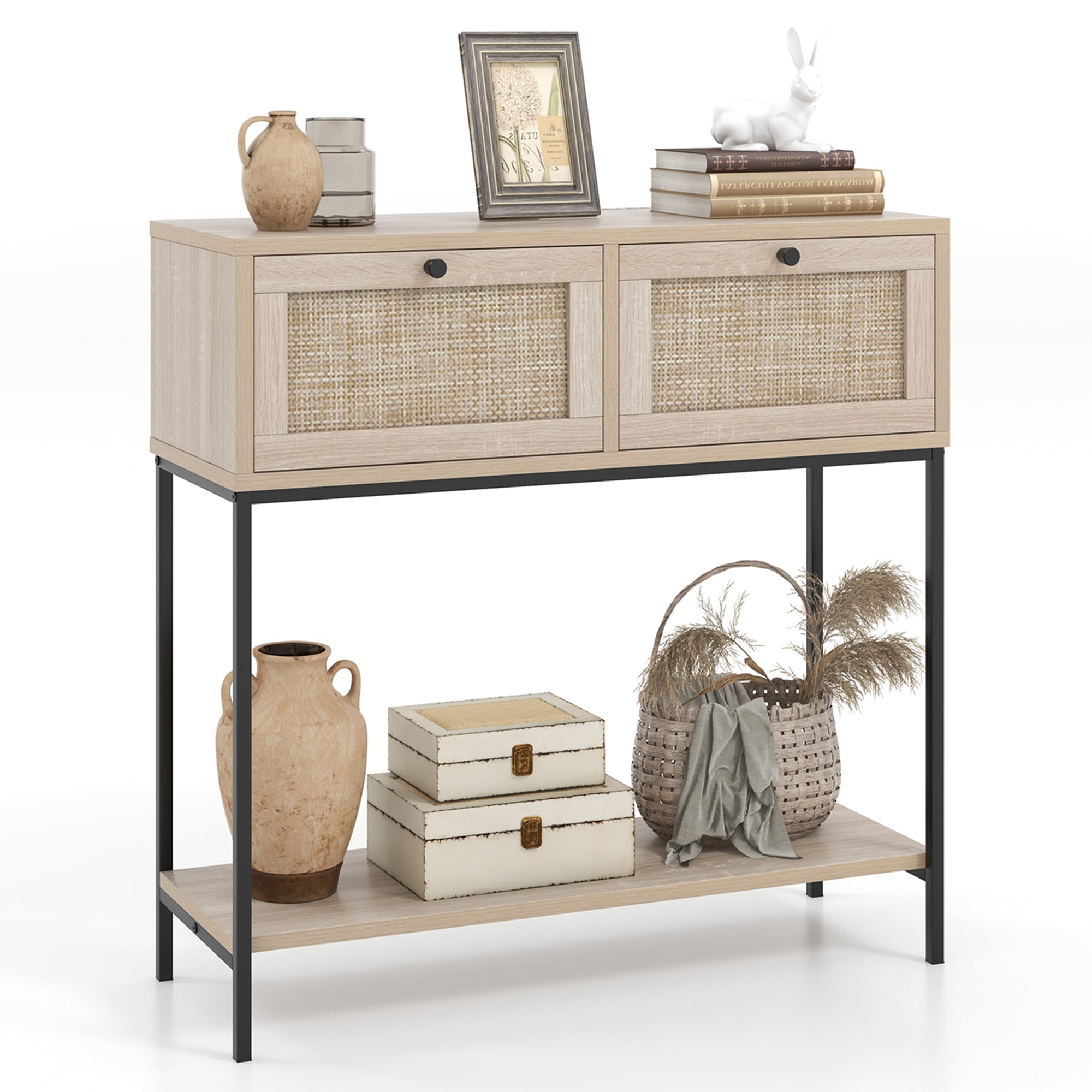 Free Shipping! Costway Rattan Console Table with 2 Rattan Drawers ...
