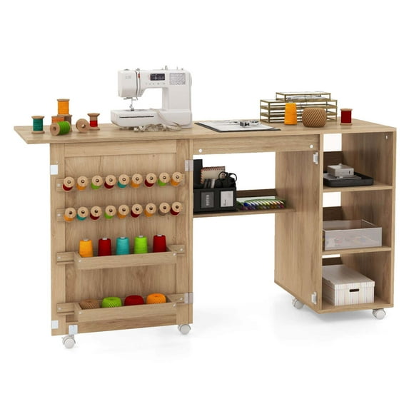 Costway Rattan Sewing Machine Table with Rattan Door 18 Pegs Storage ...