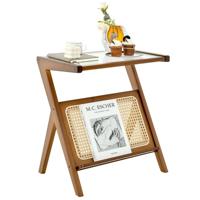 Costway Indoor Furniture Rattan Side Table, Living Room Bamboo Accent ...