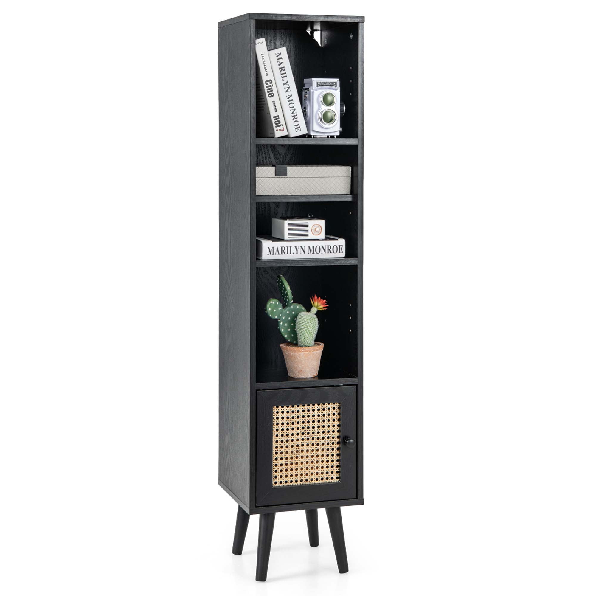 Costway Rattan Storage Cabinet Freestanding Slim Organizer Wood Display ...