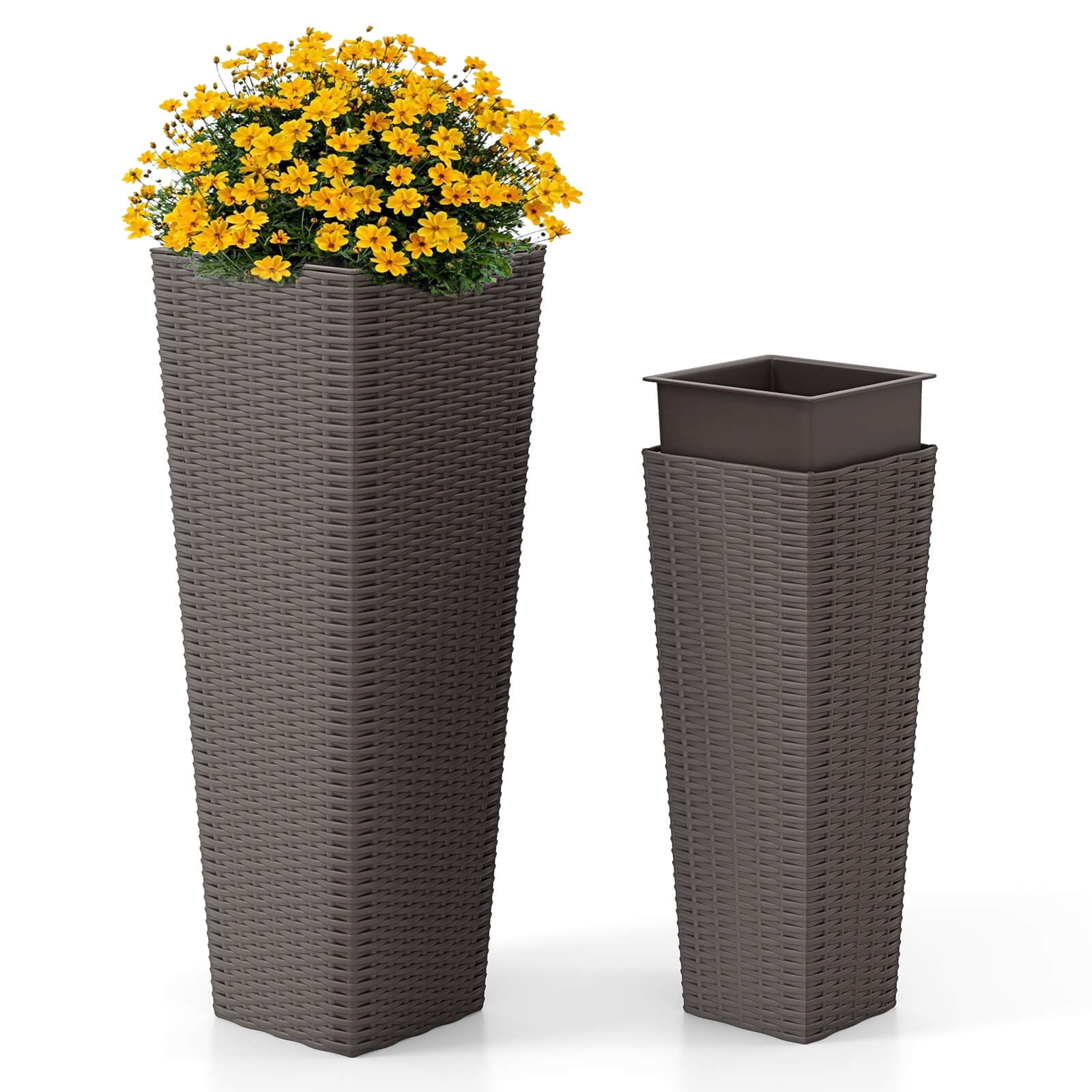 Costway Rattan Tall Planter Set of 2 with Removable Inner Trays ...