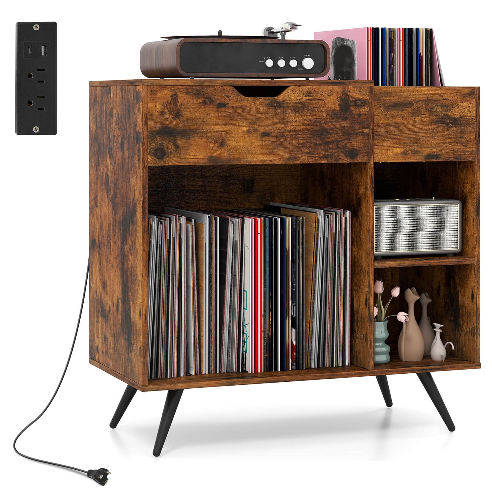 Costway Record Player Stand with Power Outlet, Drawer, Removable ...