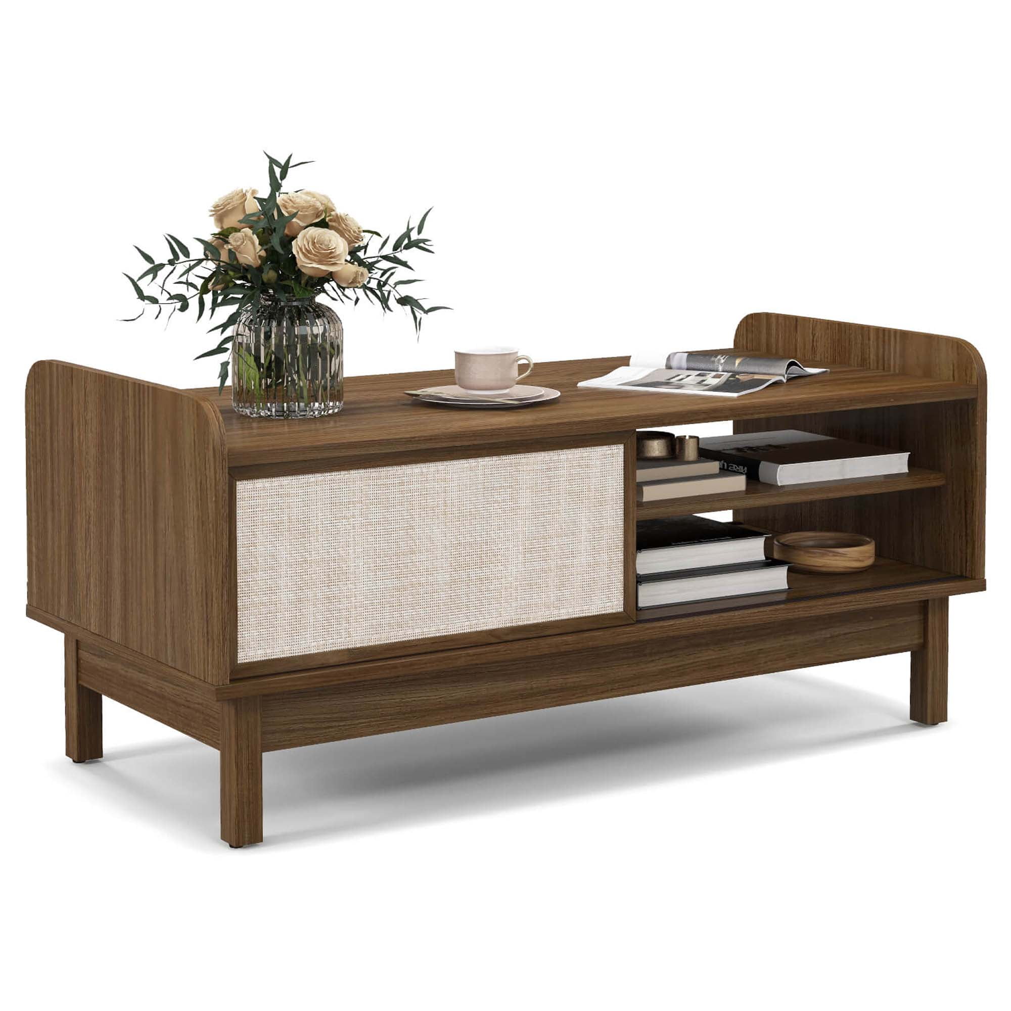 Costway Rectangular Coffee Table with Storage Weaving Sliding Door ...