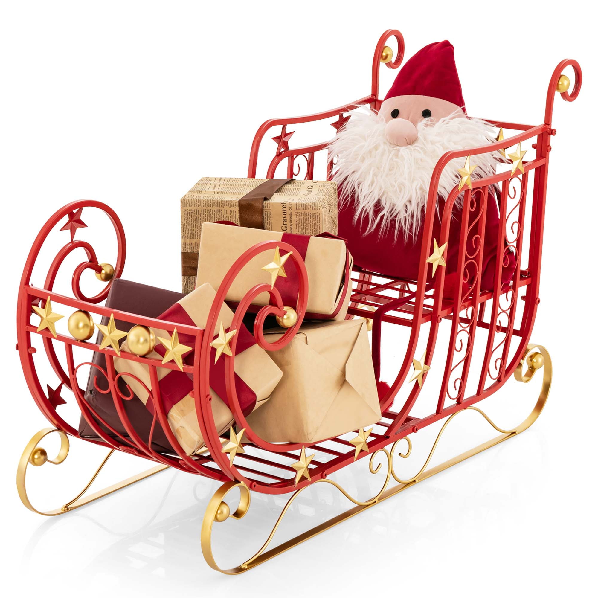 Costway Red Santa Sleigh, Large Cargo Area, Metal Christmas Holiday ...