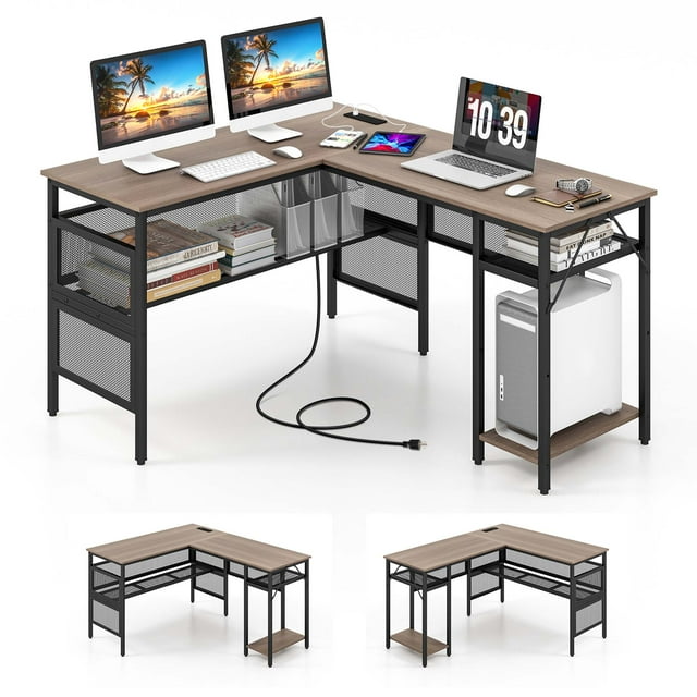 Costway Reversible L-Shaped Computer Desk with Charging Station ...