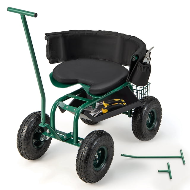 Costway Wheeled Garden Cart with Adjustable Seat, Metal Frame, Yard ...
