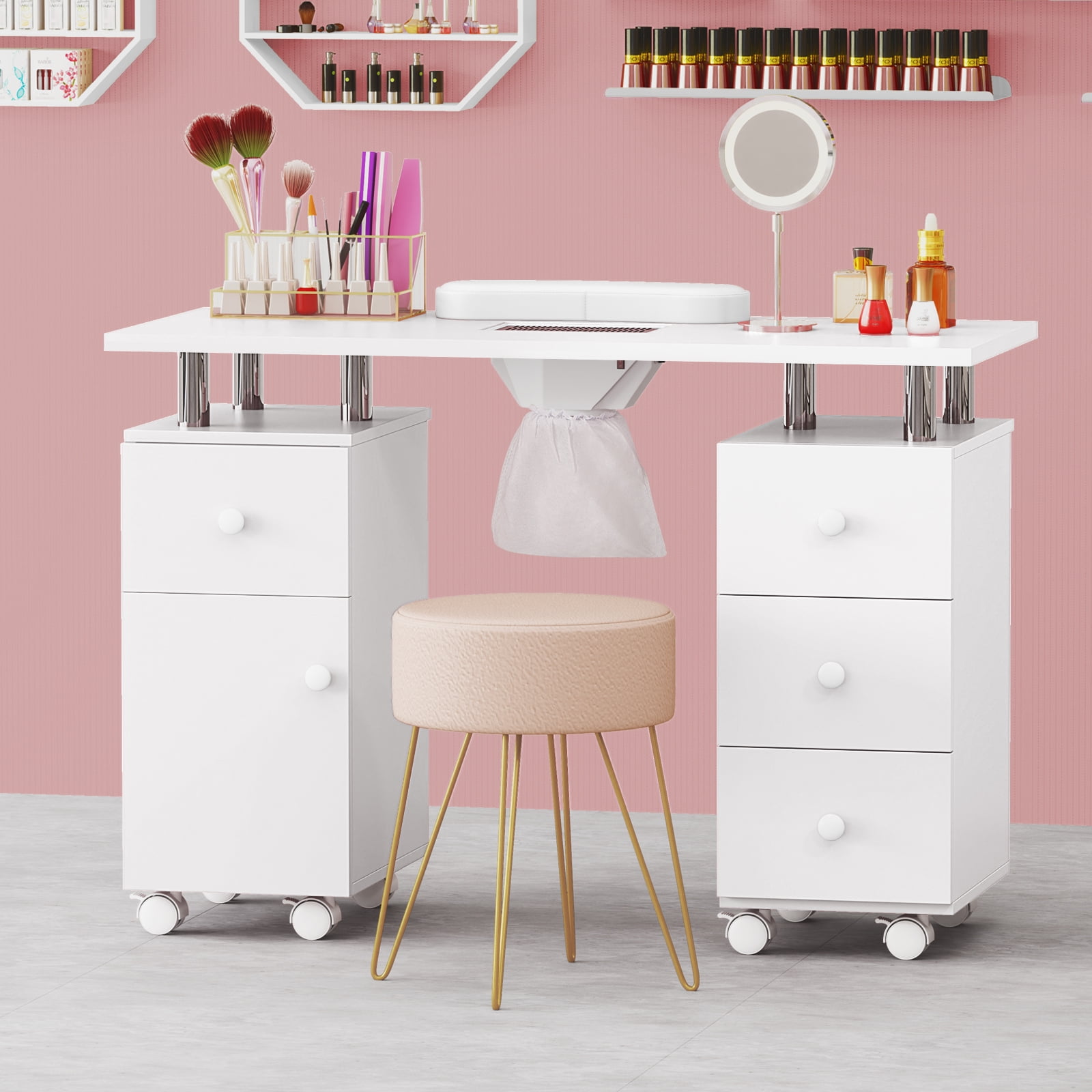 Costway Rolling Manicure Table Nail Desk with with 8 Lockable Wheels ...