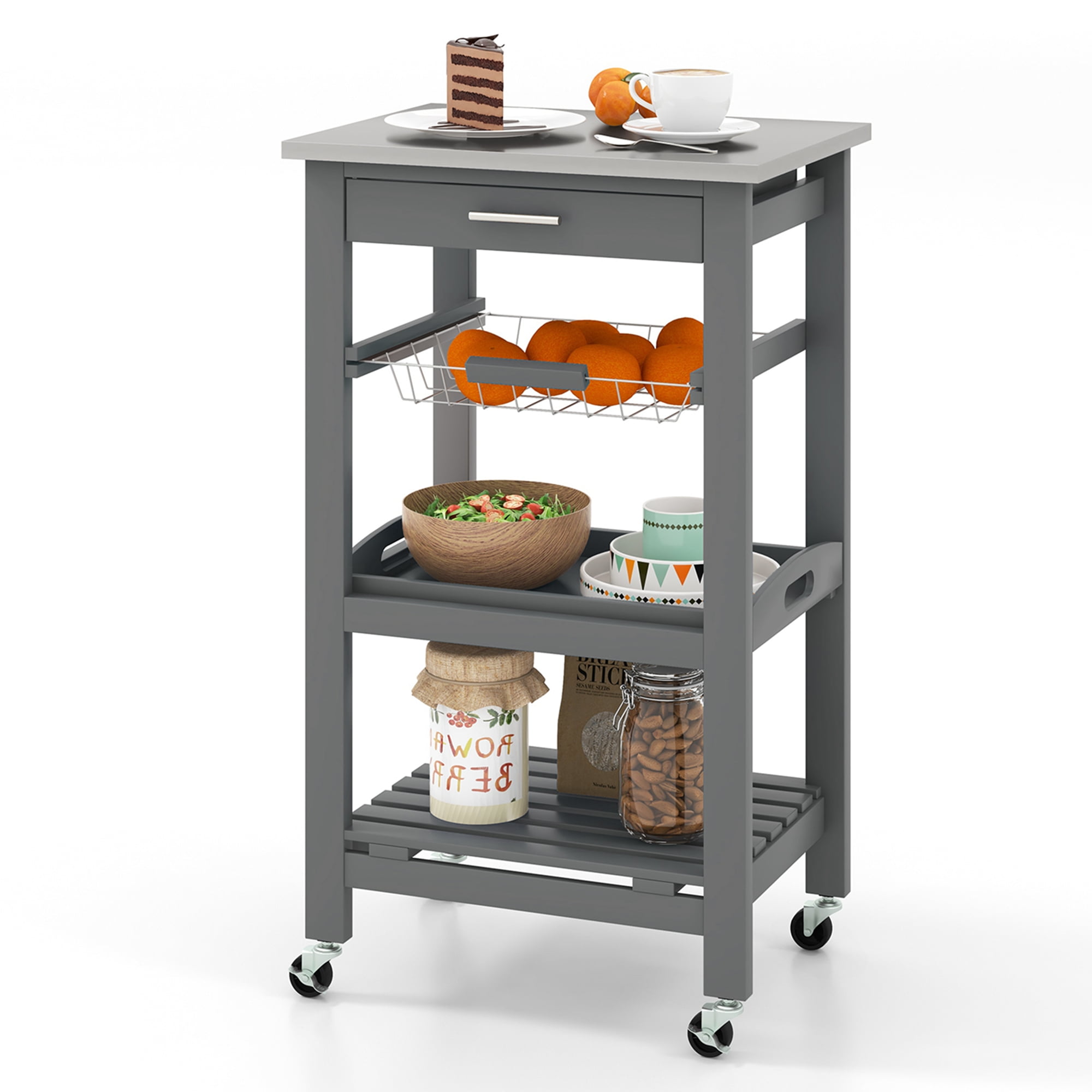 Costway Compact Portable Kitchen Island Cart with Wheels, Stainless ...