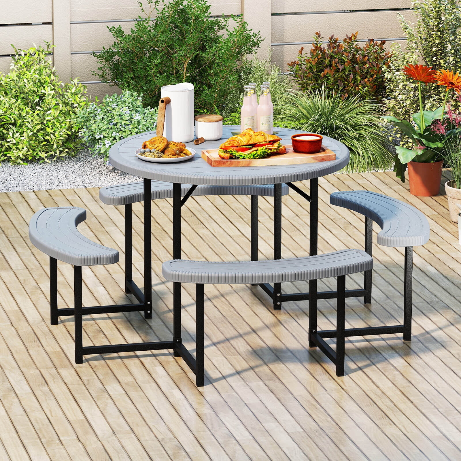 Costway Round Picnic Table Bench Set with 4 Benches Umbrella Hole All ...