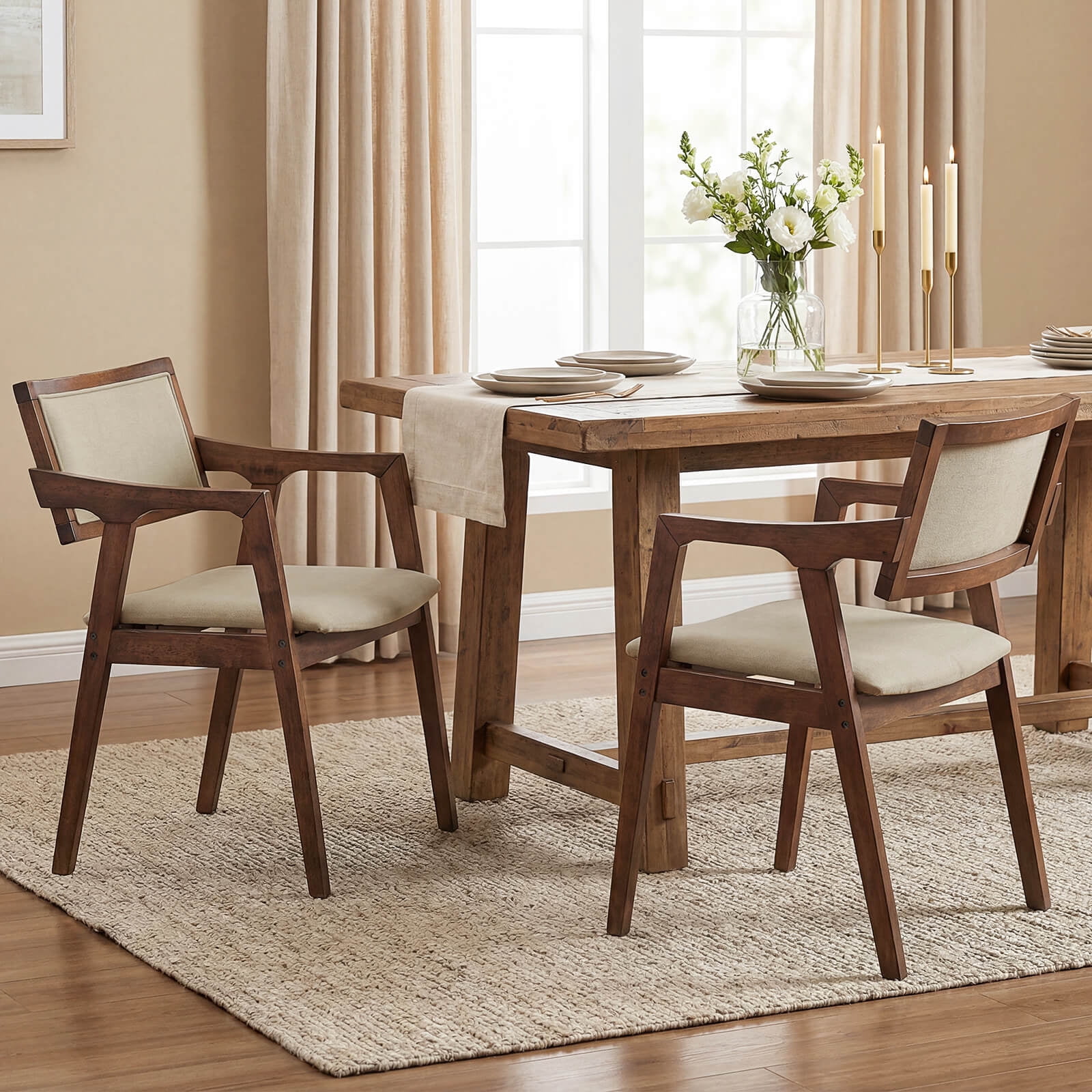 Costway Rubber Wood Dining Chairs Set of 2 with Arms,Curved Seat & Back ...