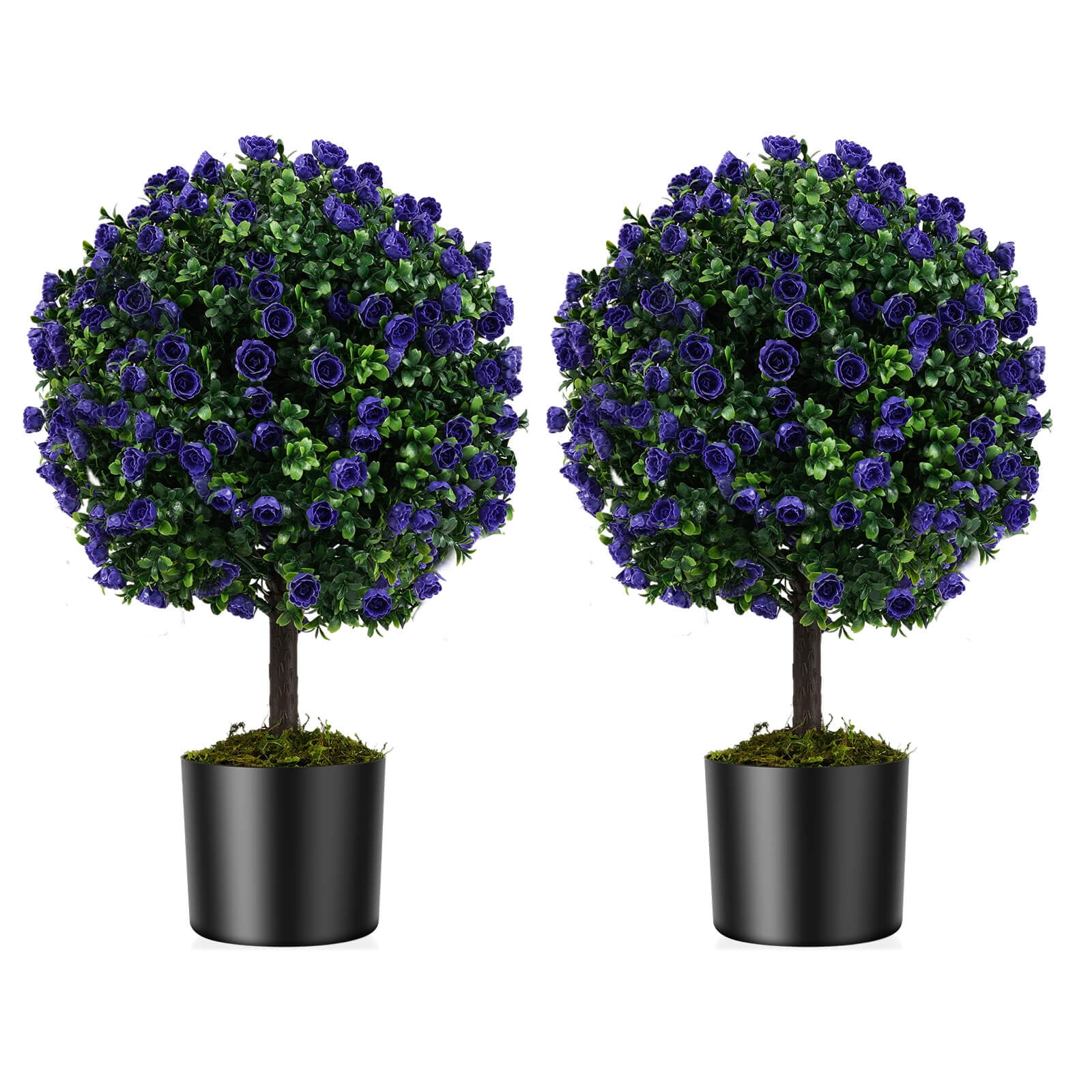 Costway Set of 2 Artificial Purple Rose Topiary Ball Trees 22" Faux ...