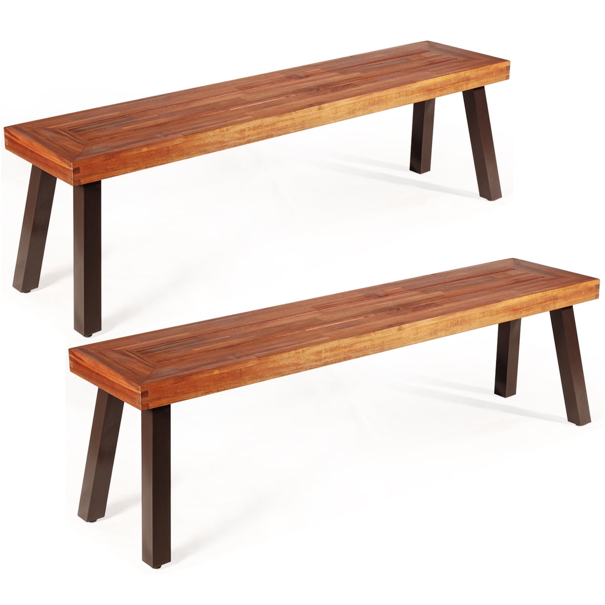 Costway Farmhouse Wooden Long Acacia Wood Patio Dining Bench Set of 2 ...