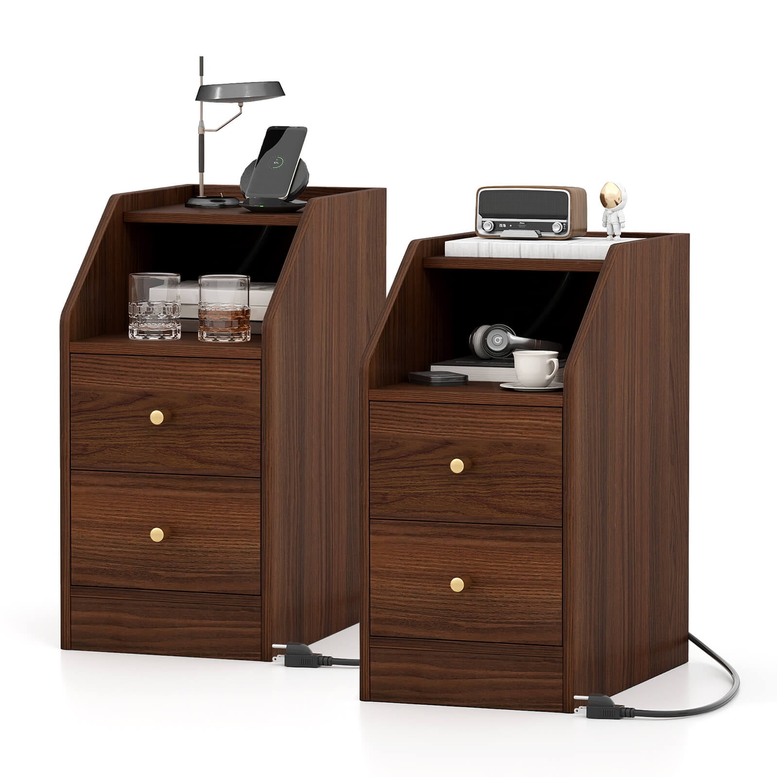 Costway Set of 2 Side Tables with Charging Station Storage Drawers for ...