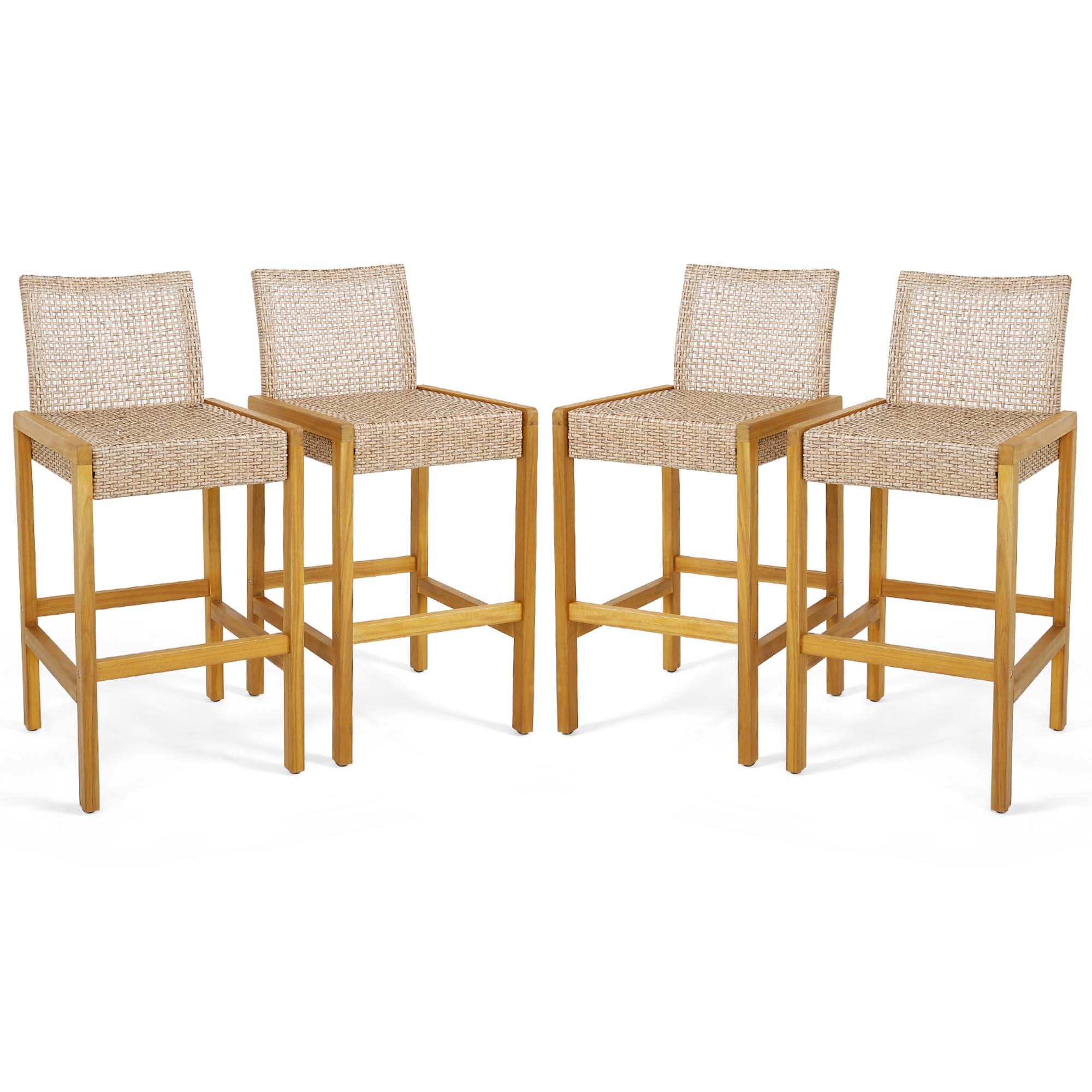 Costway 4-Piece Outdoor High Stool Set - Acacia Wood & Rattan Bar ...