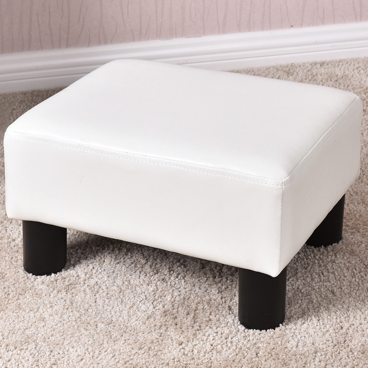 Costway Small Ottoman Footrest PU Leather Rectangular Low Seat Wood ...