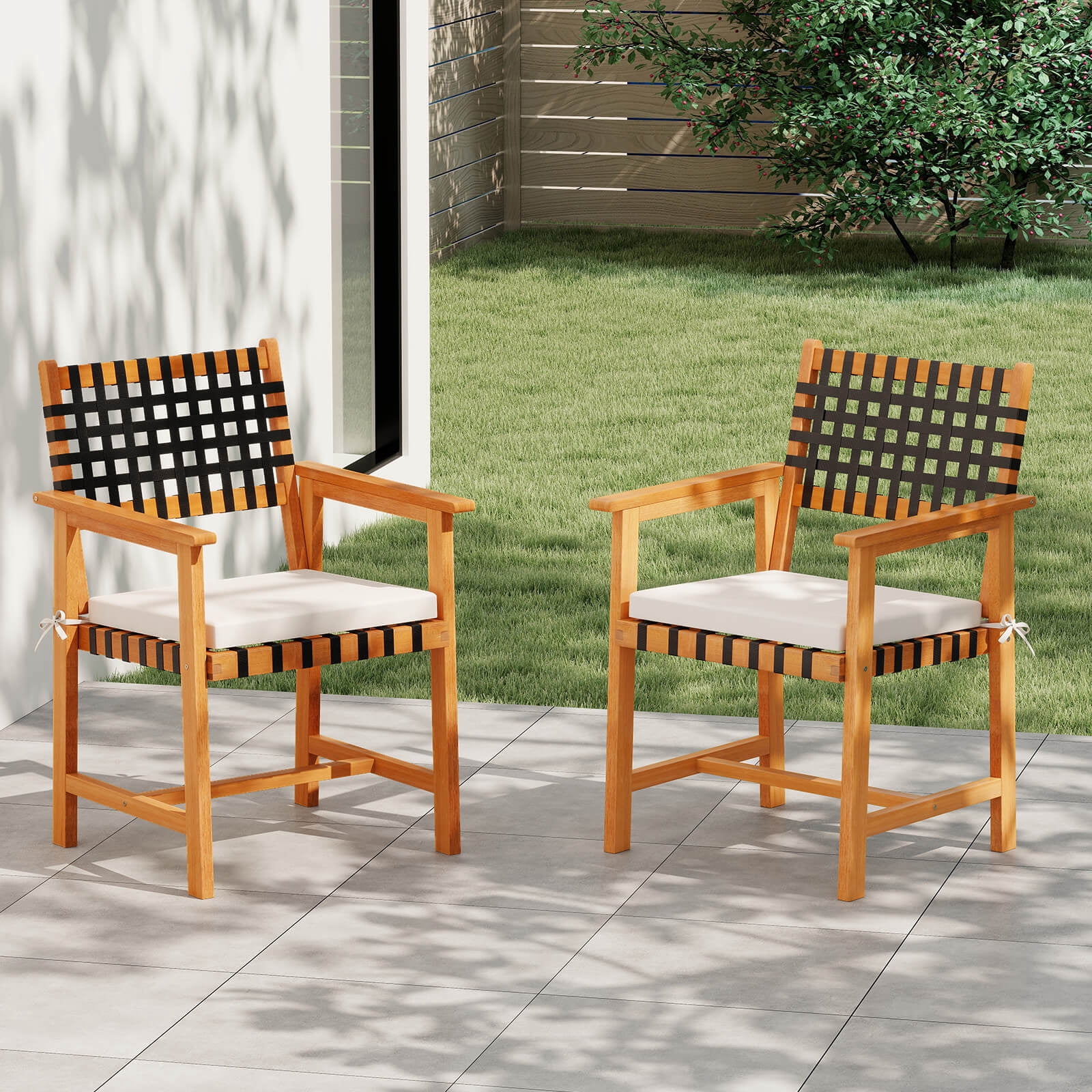 Costway Solid Acacia Wood Patio Chair Set of 2 with Padded Seat Cushion ...