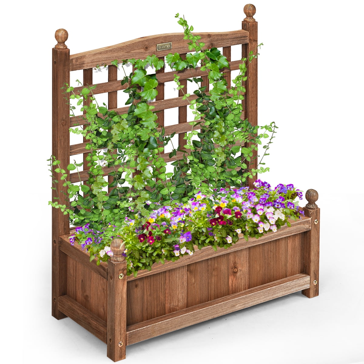 Costway Solid Wood Garden Planter Box with Lattice Flower Plant Trellis ...