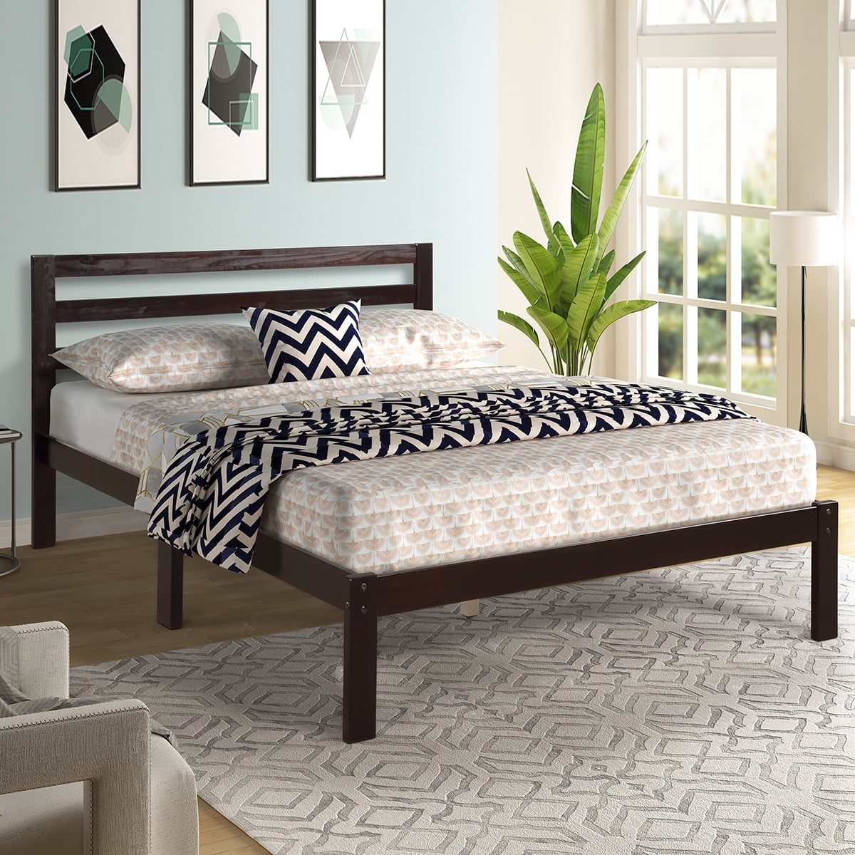 Costway Solid Wood Platform Bed Wood Frame with Slats/Headboard ...