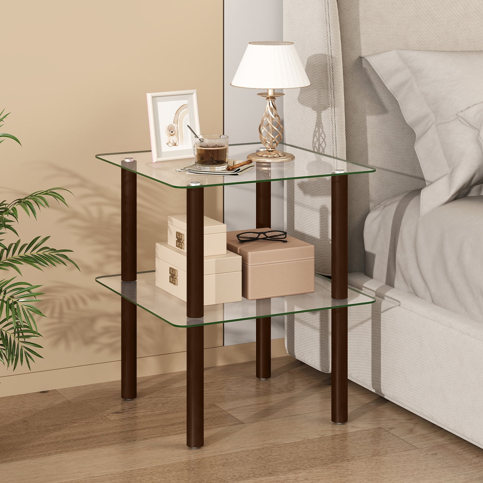 Costway Square End Table, 2-Tier Sofa Side Table with Clear Tempered ...