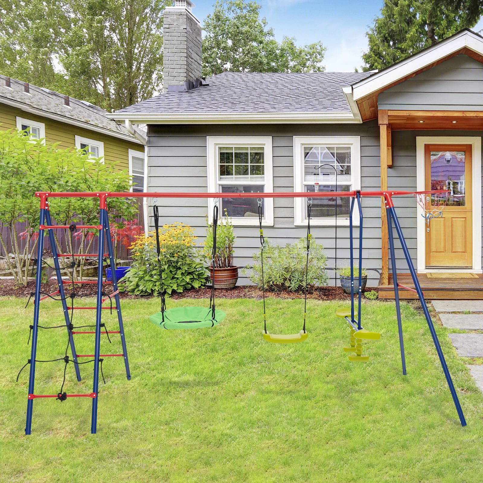 Costway Swing Set for Backyard with 2 Height Adjustable Swings Glider ...