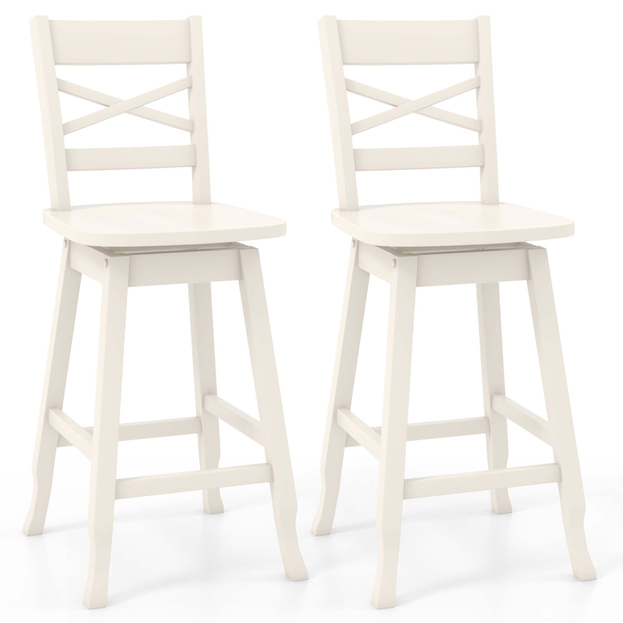 "Costway Pair of 24"" High Home Bar Stools, White Rubber Wood Swivel Counter Height Stools with ...