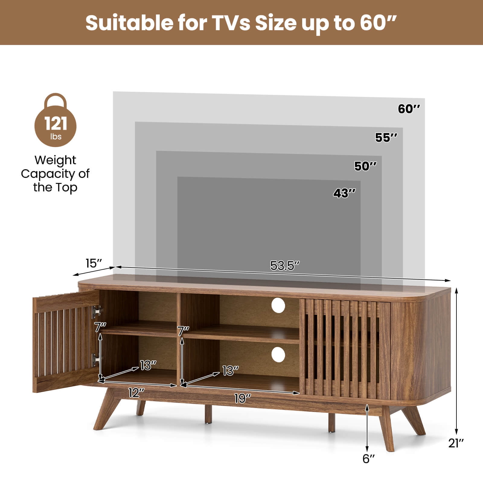 Costway TV Stand for TVs up to 60" 2-Door Mid Century TV Console Table ...