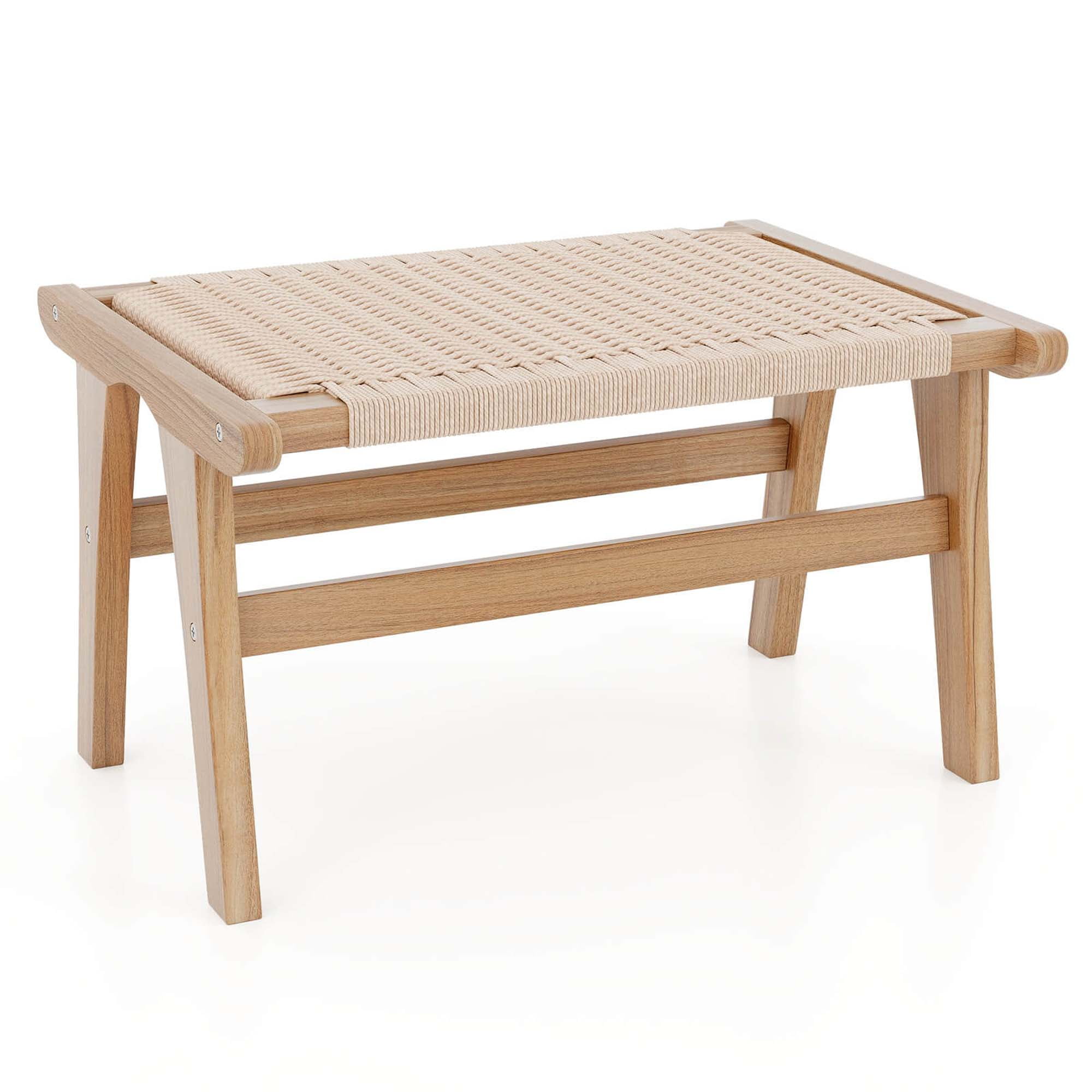 Costway 1 PCS Teak Wood Ottoman Footstool with Braided Rope for Living ...