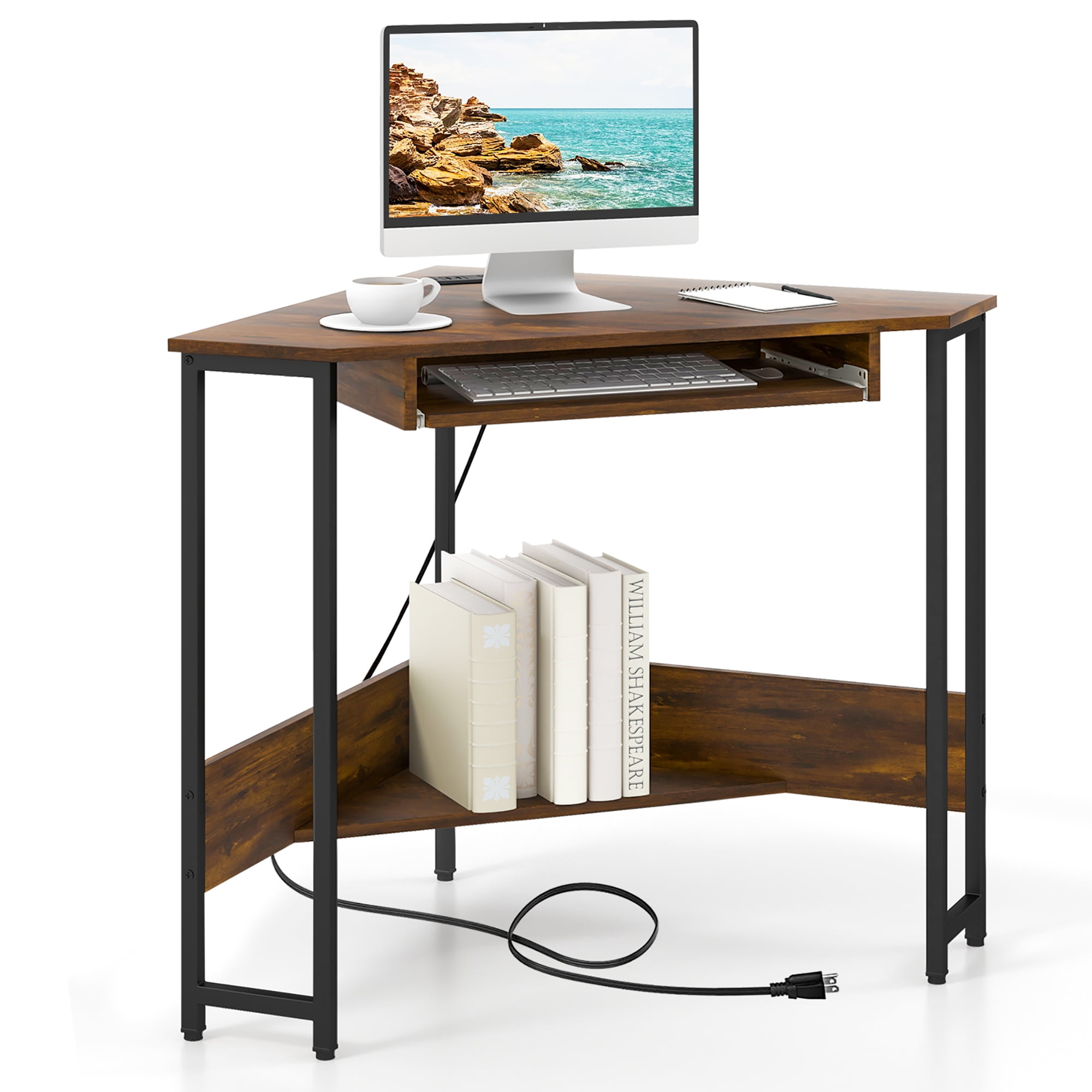 Costway Corner PC Desk with Charging Station, Keyboard Tray & Storage ...