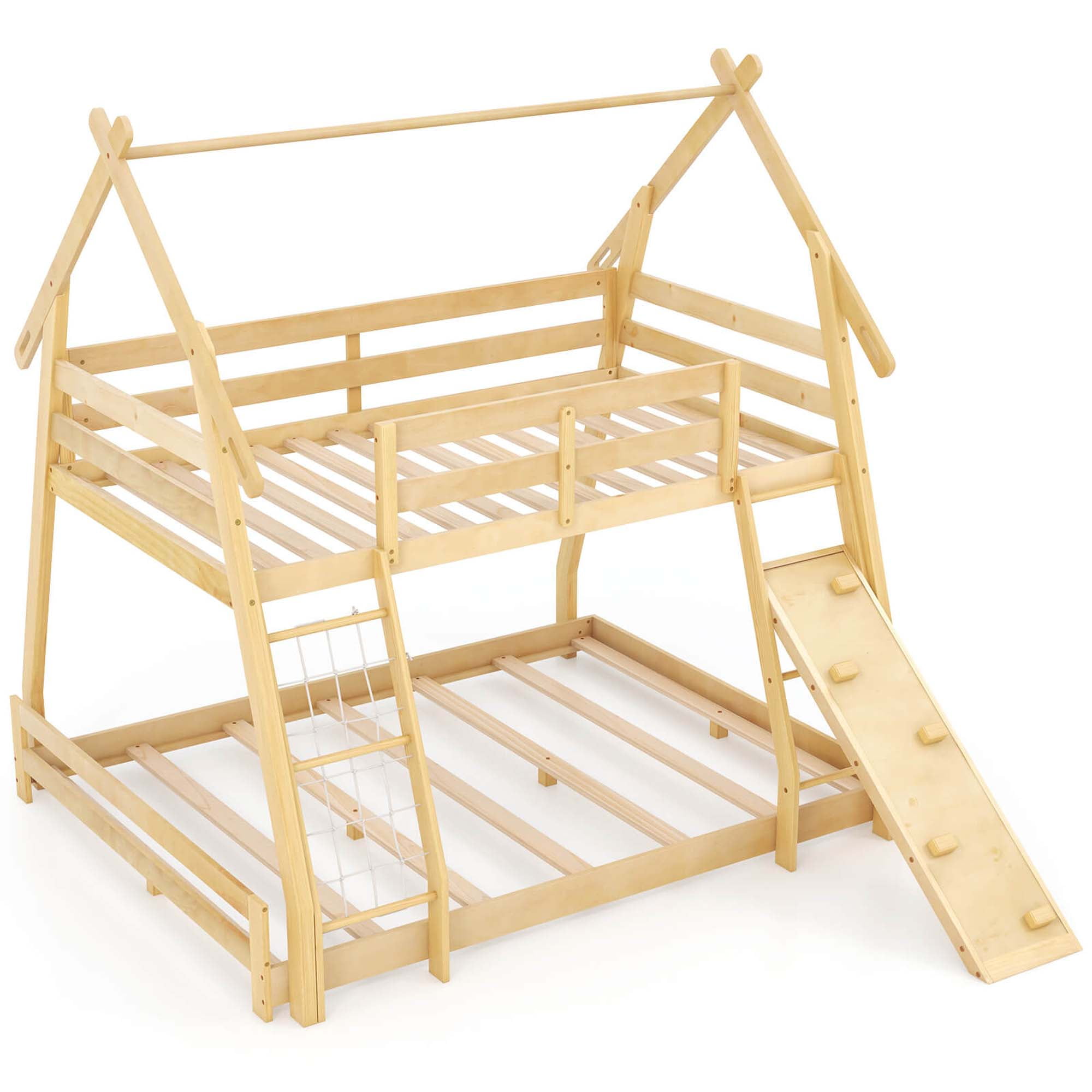 Costway Twin Over Queen Bunk Bed House Shaped Bed Frame with Climbing ...