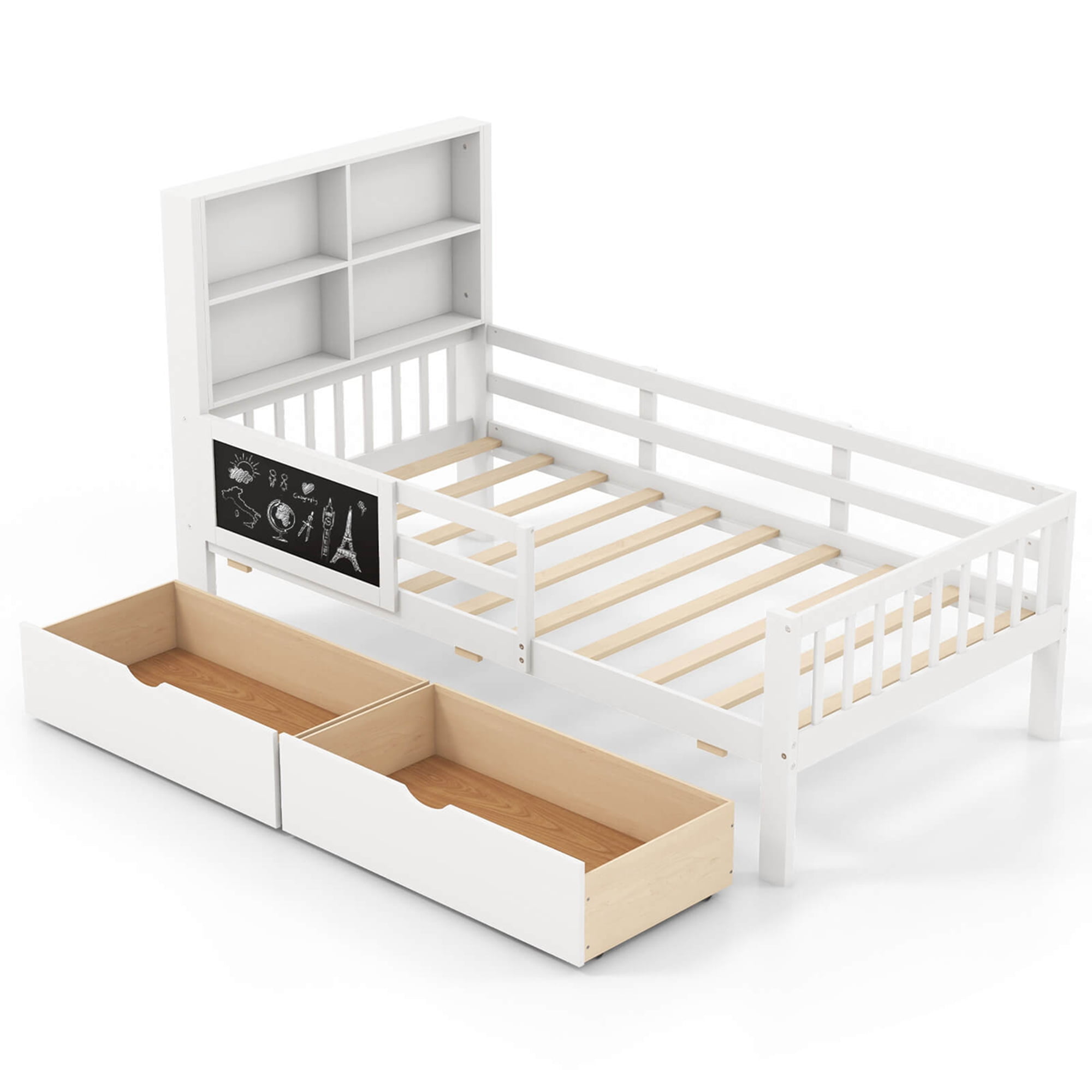 Costway Twin Size Bed Frame with 2 Drawers Bookcase & Blackboard Full ...