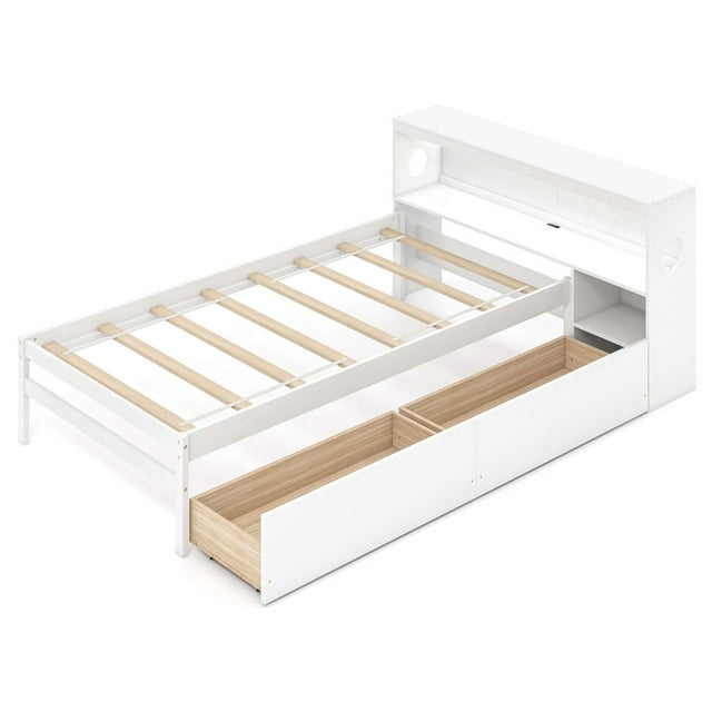 Costway Twin Size Bed Frame with LED Light & Power Outlet Bookcase ...