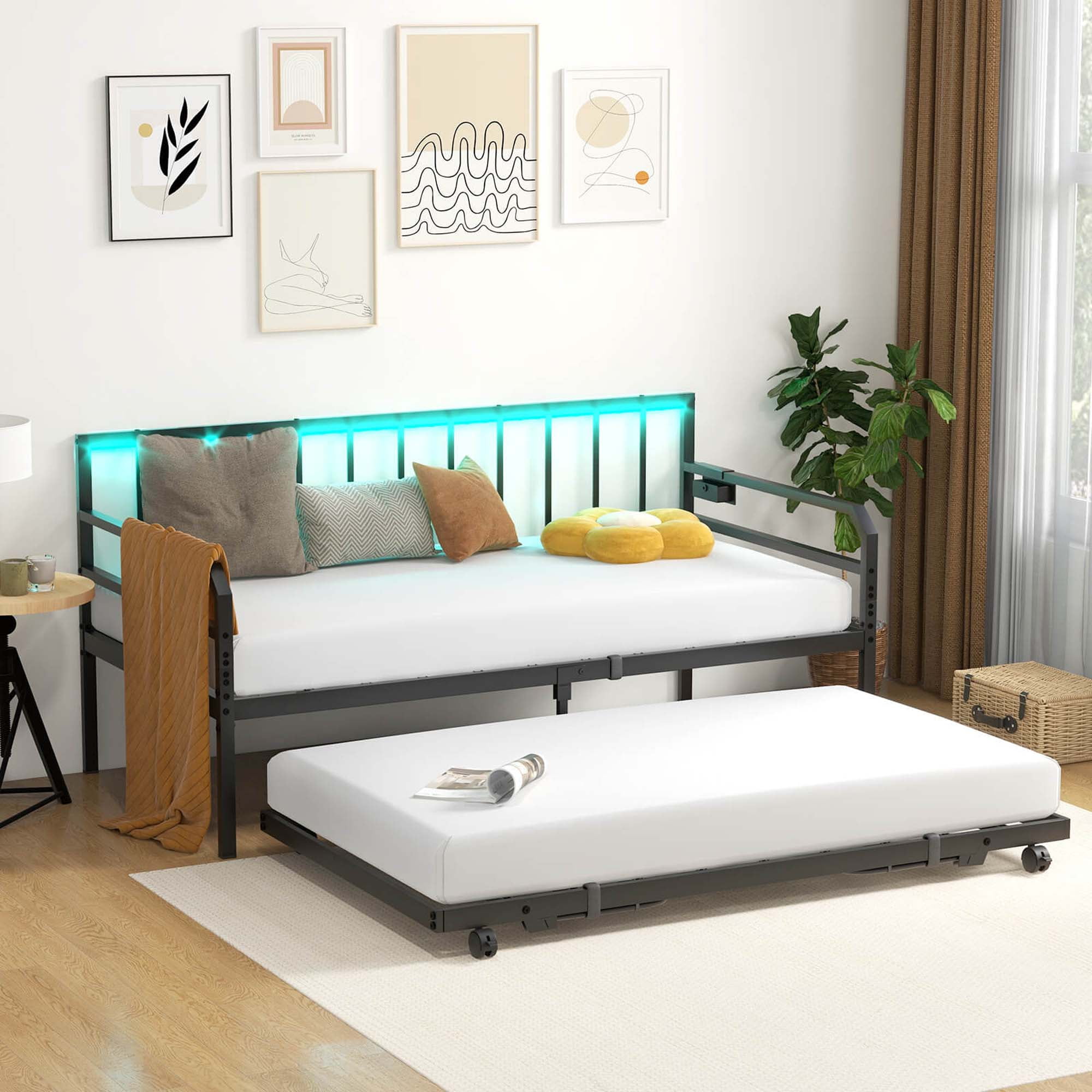 Costway Twin Size Daybed with Pop-up Trundle Charging Station & LED ...